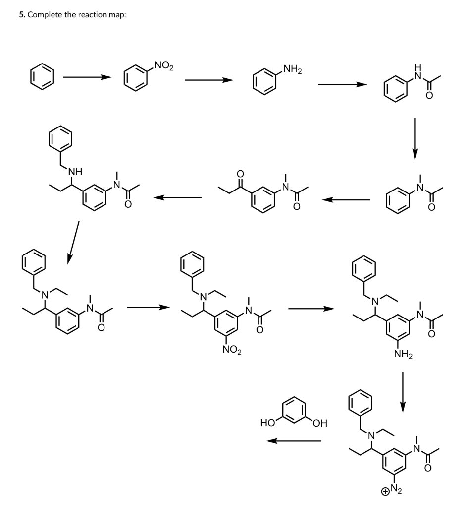 Solved 5. Complete the reaction map: NH2 NO2 کالی -- -- -- | Chegg.com