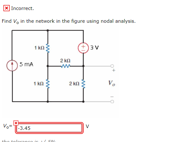 Solved XIncorrect. Find Vo in the network in the figure | Chegg.com