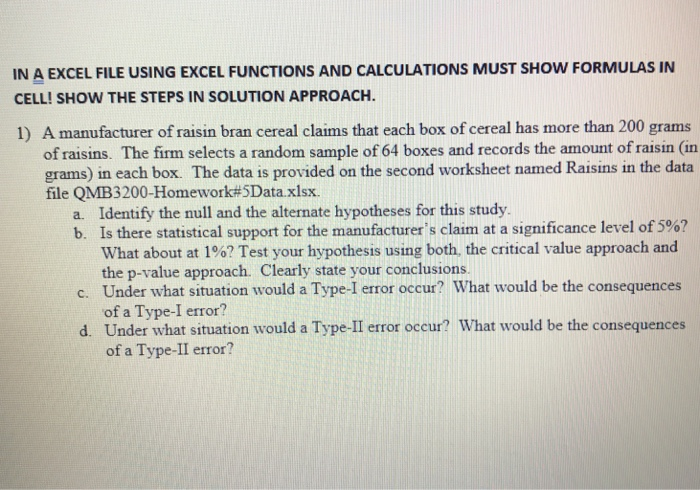 IN A EXCEL FILE USING EXCEL FUNCTIONS AND | Chegg.com