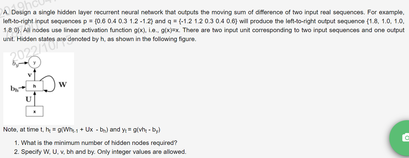 Solved A Design A Single Hidden Layer Recurrent Neural 1812
