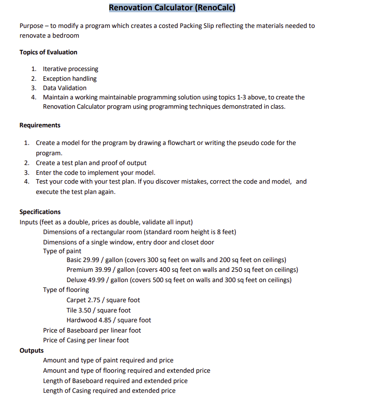 Renovation Calculator (RenoCalc) Purpose – to modify | Chegg.com