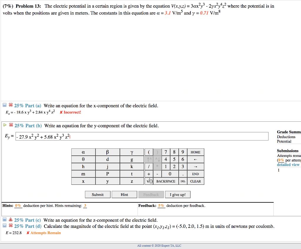 Solved (7%) Problem 13: The electric potential in a certain | Chegg.com