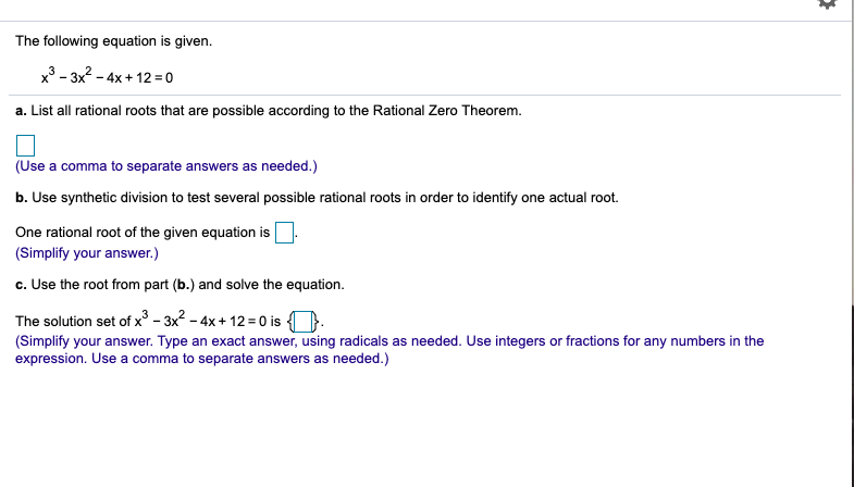 Solved The following equation is given. x3 - 3x2 - 4x + 12 = | Chegg.com
