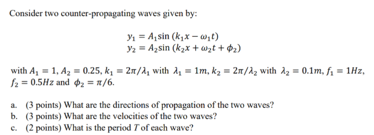 Solved Consider two counter-propagating waves given by: Y1 = | Chegg.com