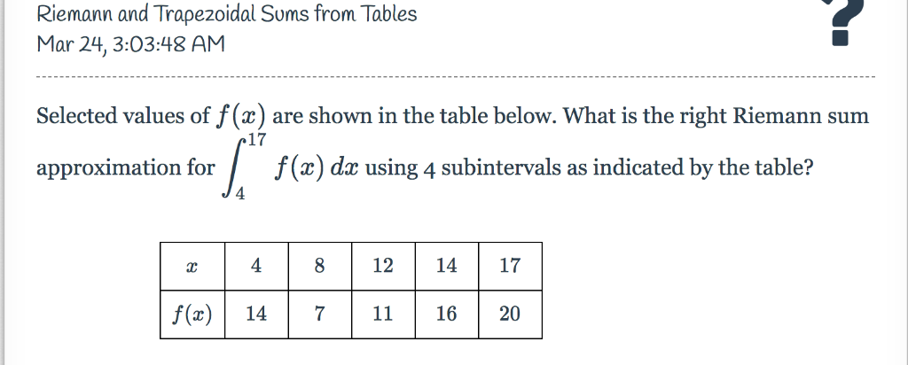 Solved Riemann and Trapezoidal Sums from Tables Mar 24, | Chegg.com