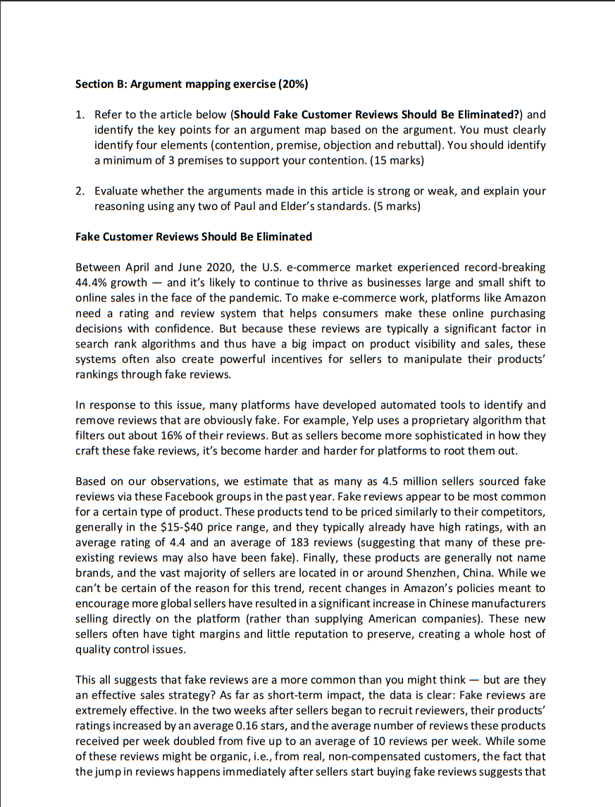 Section B: Argument mapping exercise (20%) 1. Refer | Chegg.com