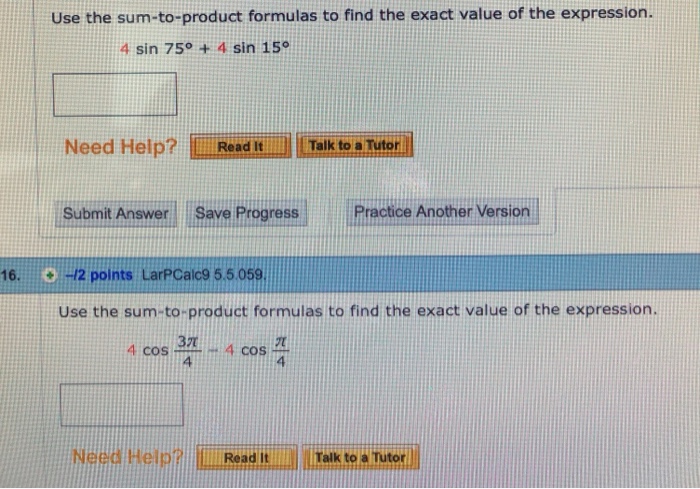Solved Use the sum-to-product formulas to find the exact | Chegg.com