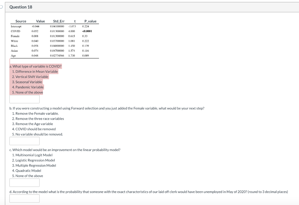 Solved Question 18 Std Err 0,04100000 0.0130000 t - 1.073 | Chegg.com