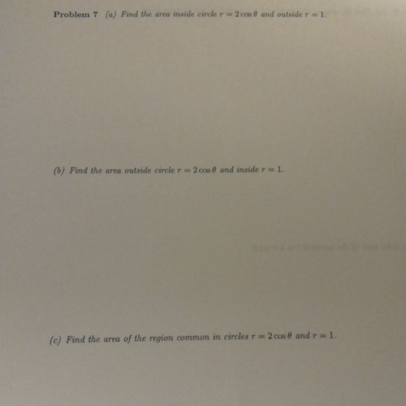 Solved Problem 7 (a) Find the area inside circle r. 2cos θ | Chegg.com