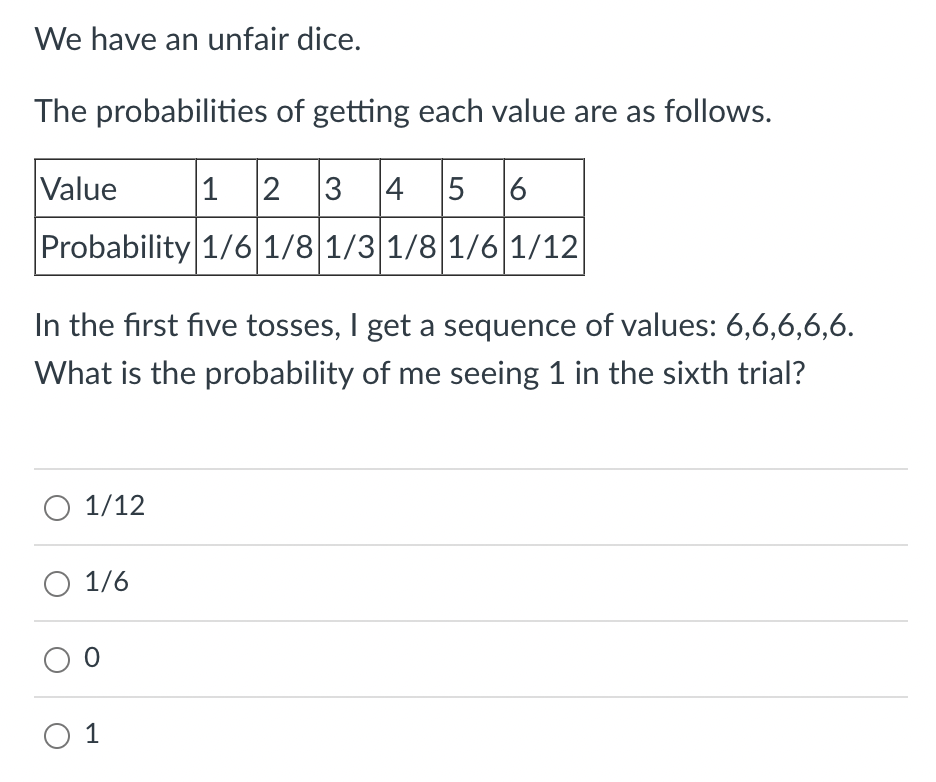 Solved We have an unfair dice. The probabilities of getting | Chegg.com