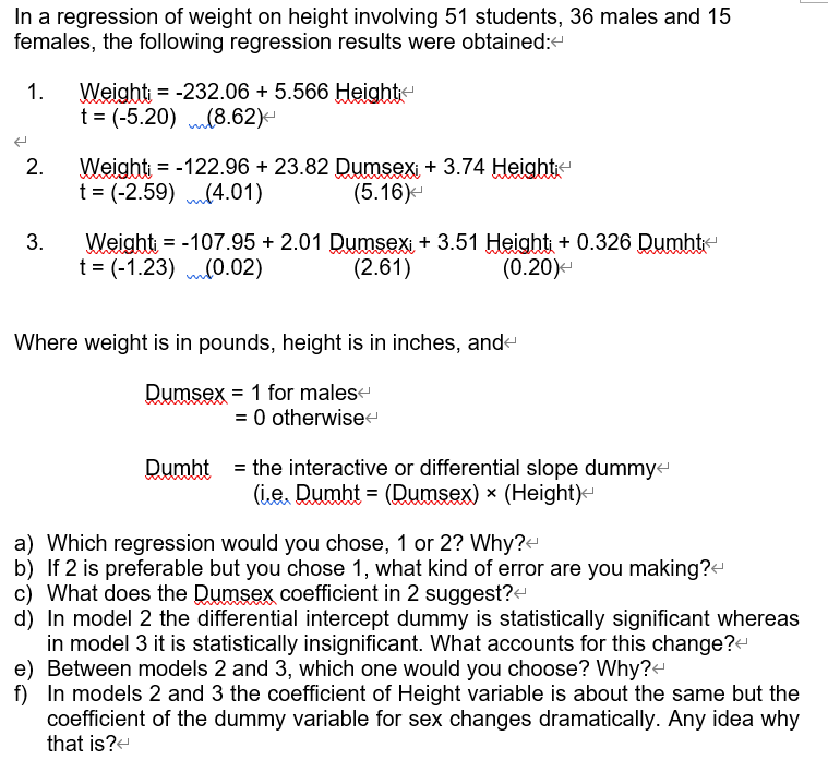 Solved In a regression of weight on height involving 51 | Chegg.com