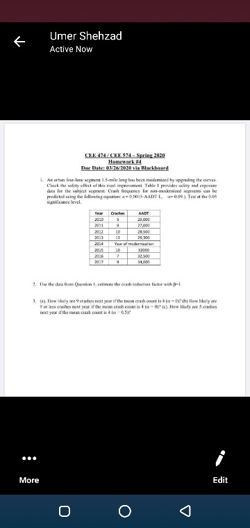 Umer Shehzad Active Now CEE 474/CEE Spring 2020 | Chegg.com