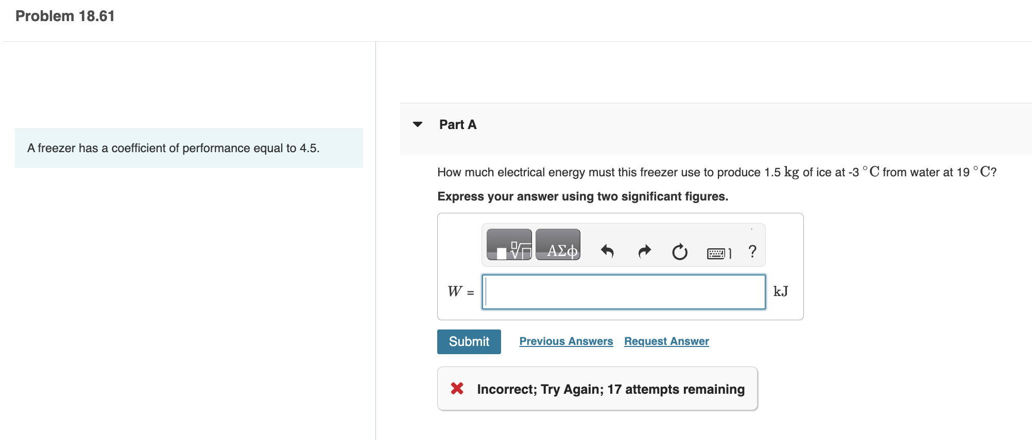 [Solved]: A freezer has a coefficient of performance equal