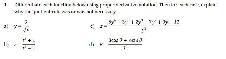 Solved 1. Differentiate each function below using proper | Chegg.com