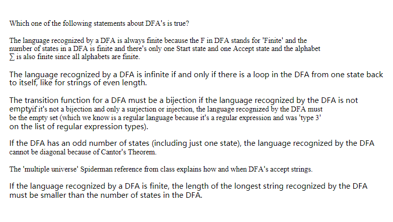 Solved Which one of the following statements about DFA's is | Chegg.com