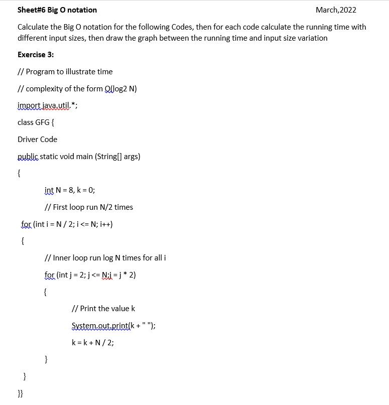 Solved Sheet#6 Big O notation March 2022 Calculate the Big O | Chegg.com