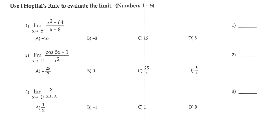Solved Use l'Hopital's Rule to evaluate the limit. (Numbers | Chegg.com