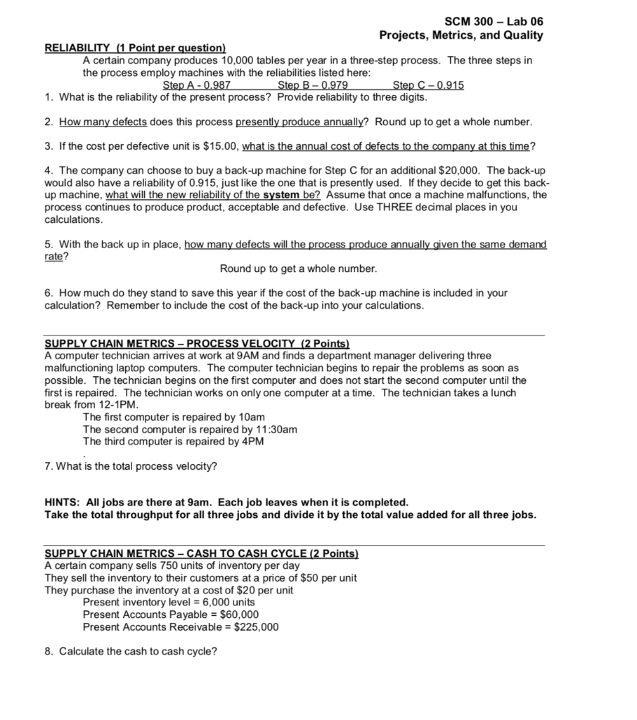 Solved SCM 300 Lab 06 Projects, Metrics, and Quality RELIABI | Chegg.com