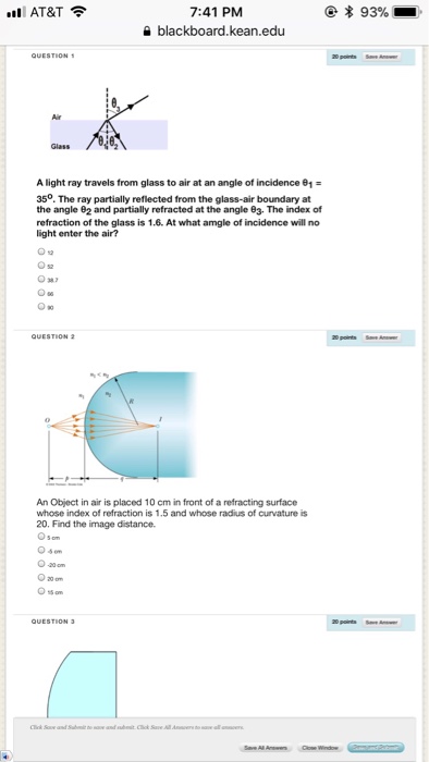 Solved ? 7:41 PM blackboard.kean.edu AT&T A light ray | Chegg.com