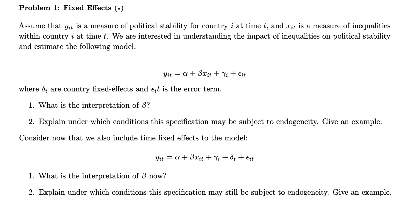 Problem 1: Fixed Effects (***)Assume that yit ﻿is a | Chegg.com