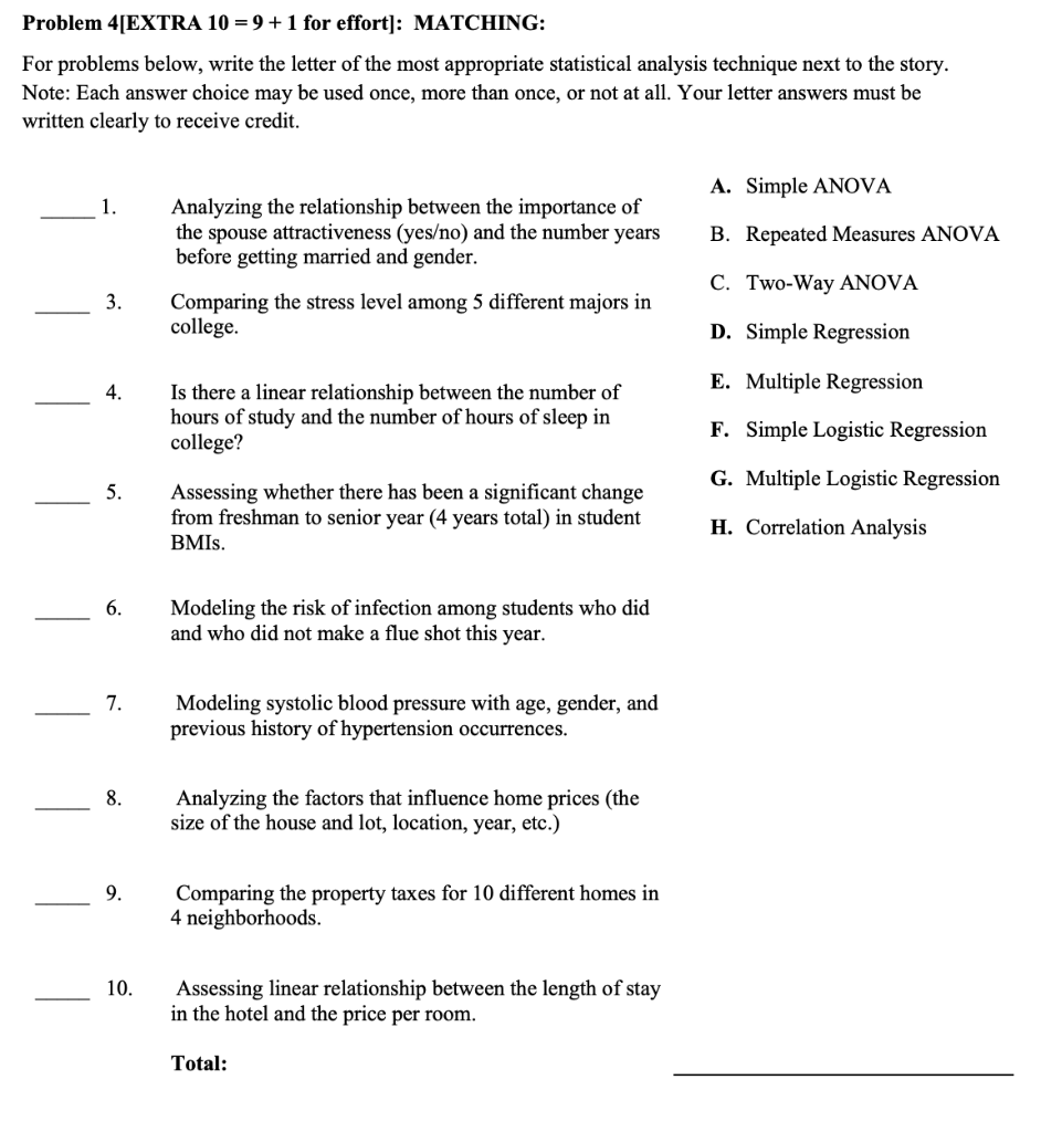 Solved Problem 4[EXTRA 10 = 9+1 for effort]: MATCHING: For | Chegg.com