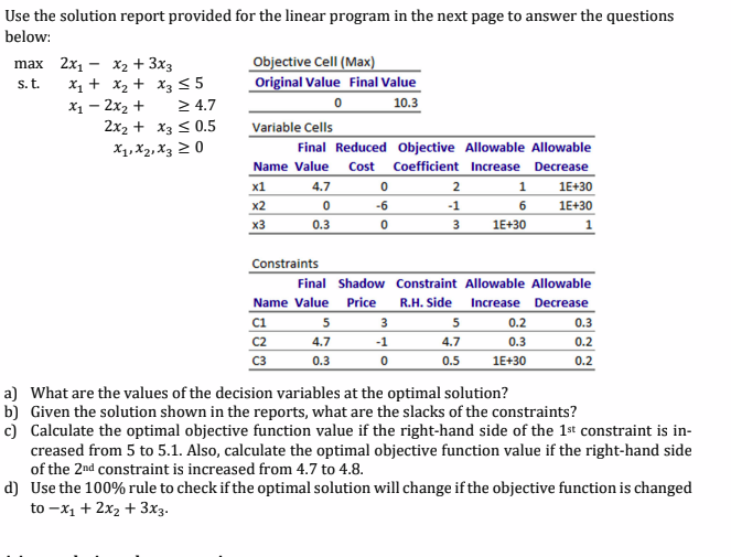 Use the solution report provided for the linear | Chegg.com