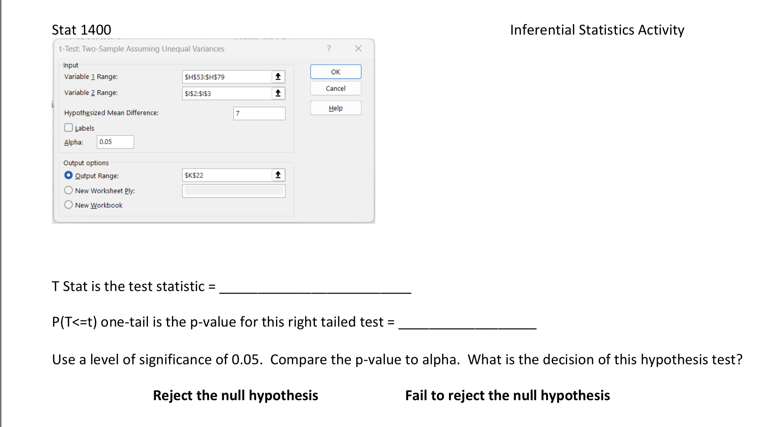 Stat 1400 Inferential Statistics Activity T Stat is | Chegg.com