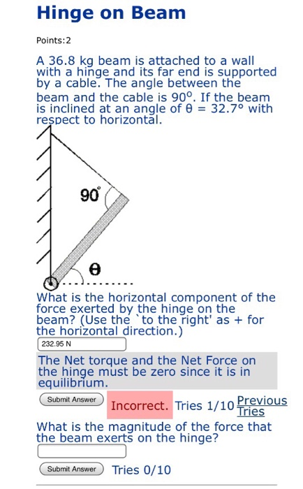 Solved Hinge on Beam Points: 2 A 36.8 kg beam is attached to | Chegg.com