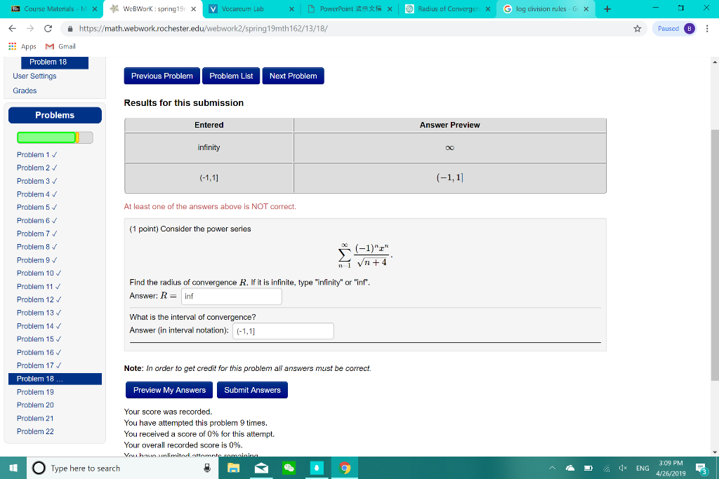 Solved a g WeBWorK : spring19 X Χ D PowerPoint沽示文稿× | 2 | Chegg.com