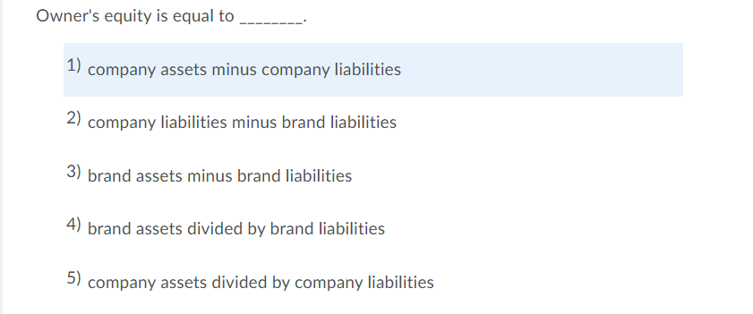 Solved Owner's equity is equal to 1) company assets minus | Chegg.com