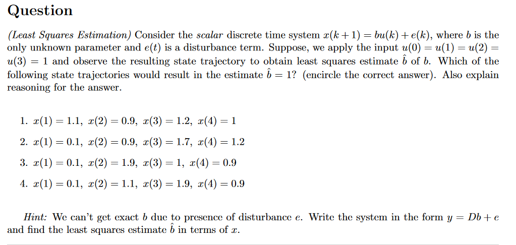 Solved Question(Least Squares Estimation) ﻿Consider the | Chegg.com