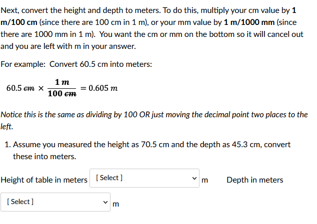 Solved Next, convert the height and depth to meters. To do | Chegg.com