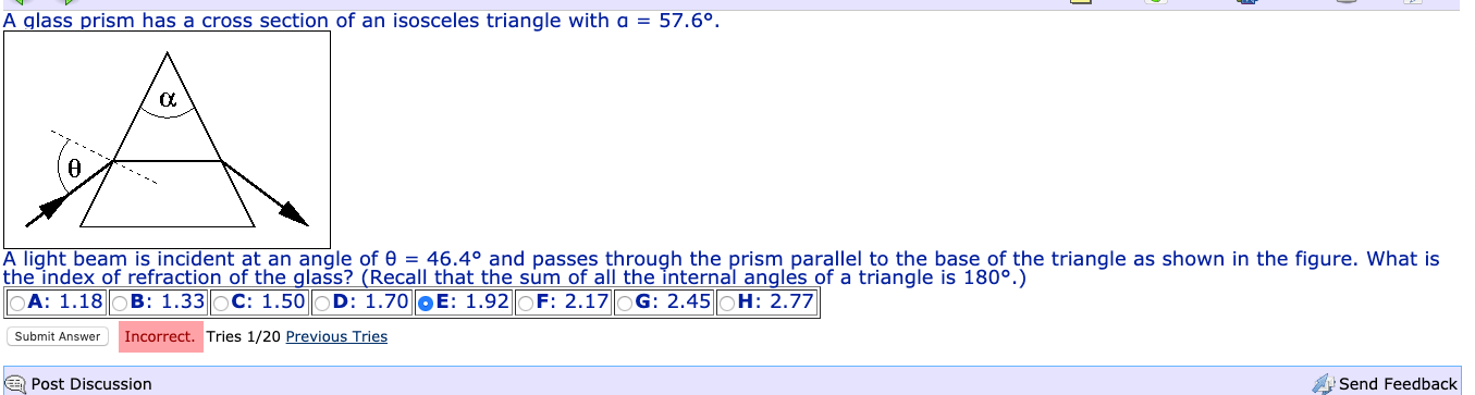 Solved A glass prism has a cross section of an isosceles | Chegg.com