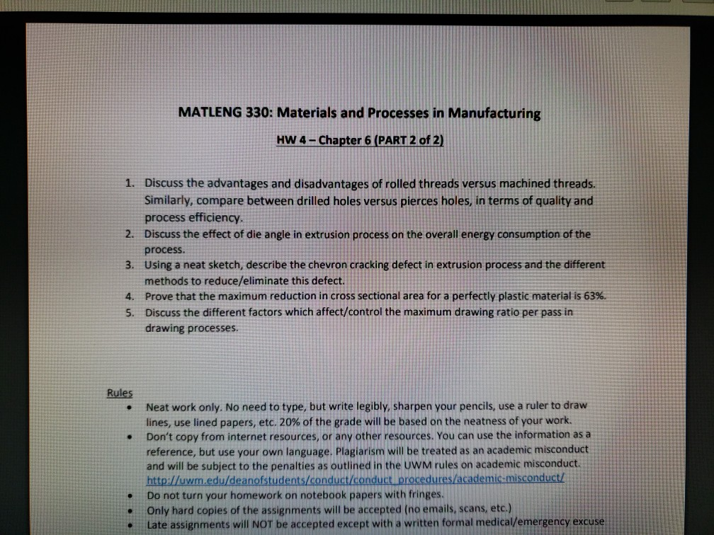 Solved MATLENG 330: Materials and Processes in Manufacturing | Chegg.com