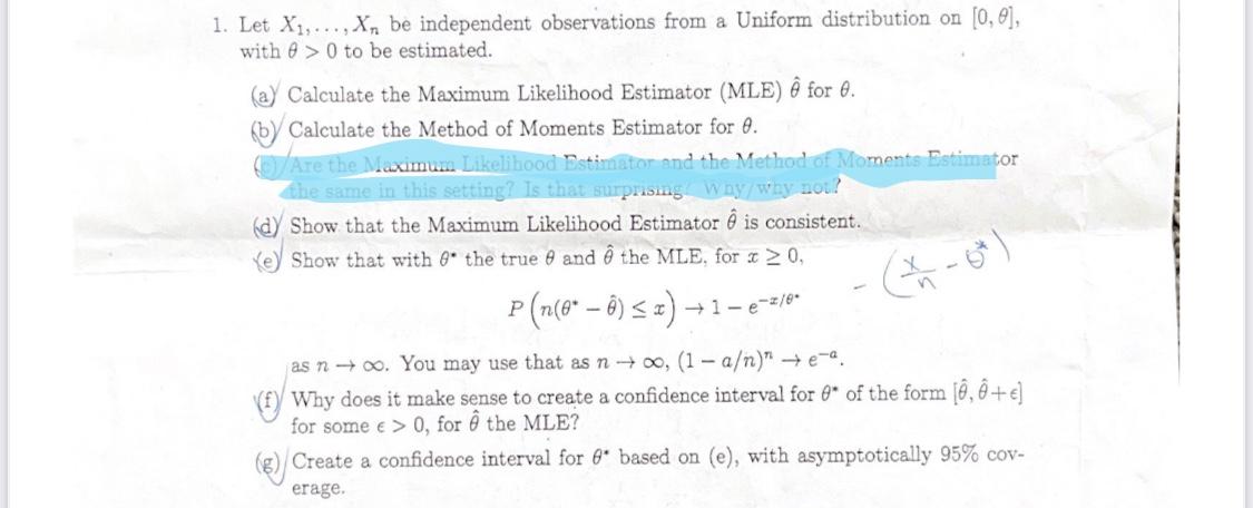 Solved 1. Let X1,…,Xn be independent observations from a | Chegg.com