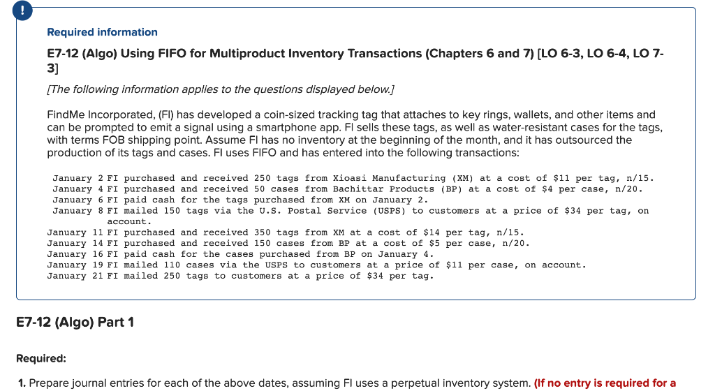 Solved Required information E7-12 (Algo) Using FIFO for | Chegg.com