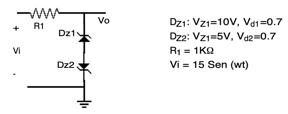 Solved + VYVY R1 Dzi Dz1: Vz1=10V, Vd1=0.7 Dz2: Vz1=5V, | Chegg.com