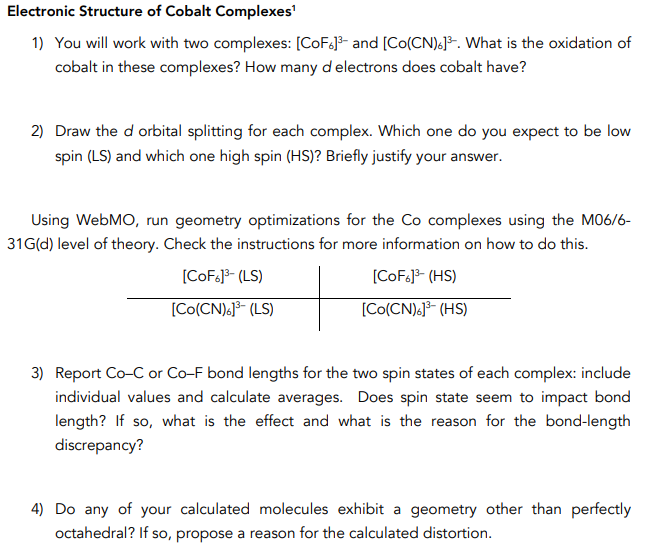 Solved Electronic Structure of Cobalt Complexes 1 1) You | Chegg.com