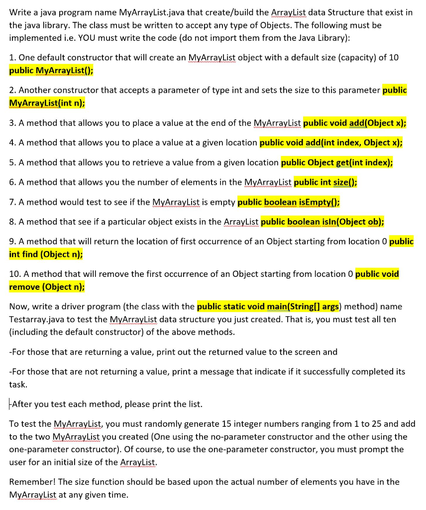 Solved Write A Java Program Name Myarraylist Java That Chegg
