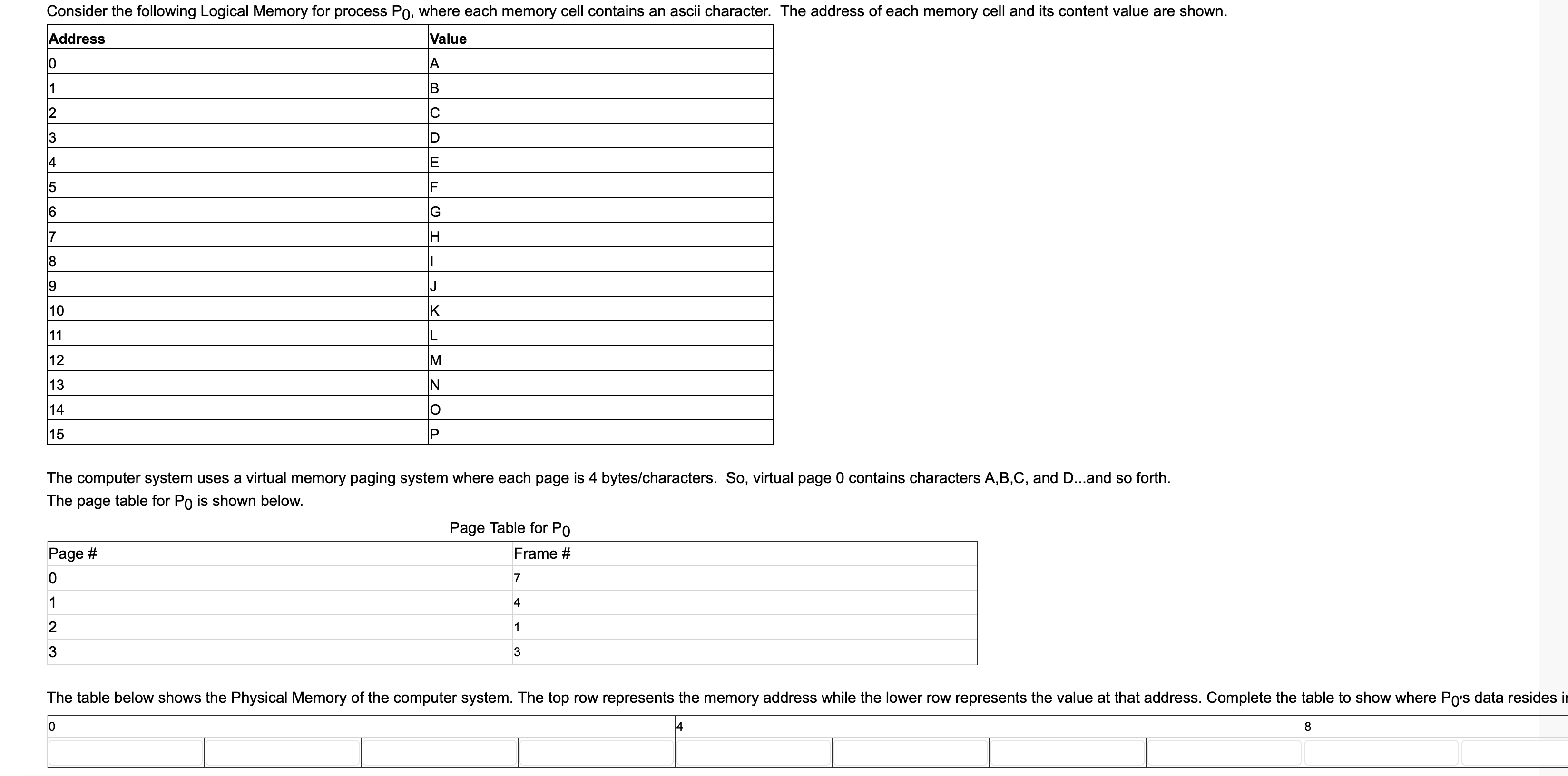 Solved The table below shows the Physical Memory of the | Chegg.com