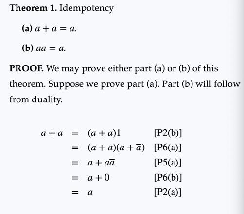 Solved Theorem 1. Idempotency (a) a + a= a. (b) aa = a. | Chegg.com