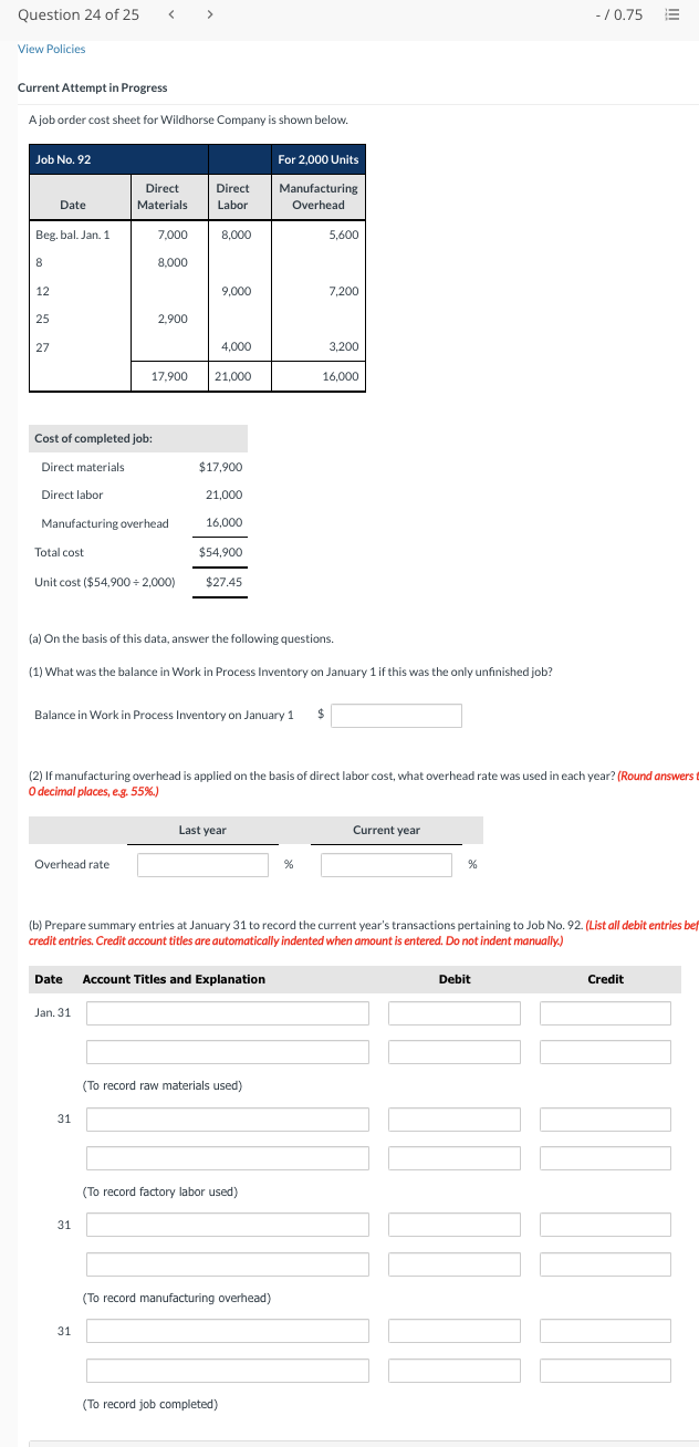 Solved Current Attempt in ProgressA job order cost sheet for | Chegg.com