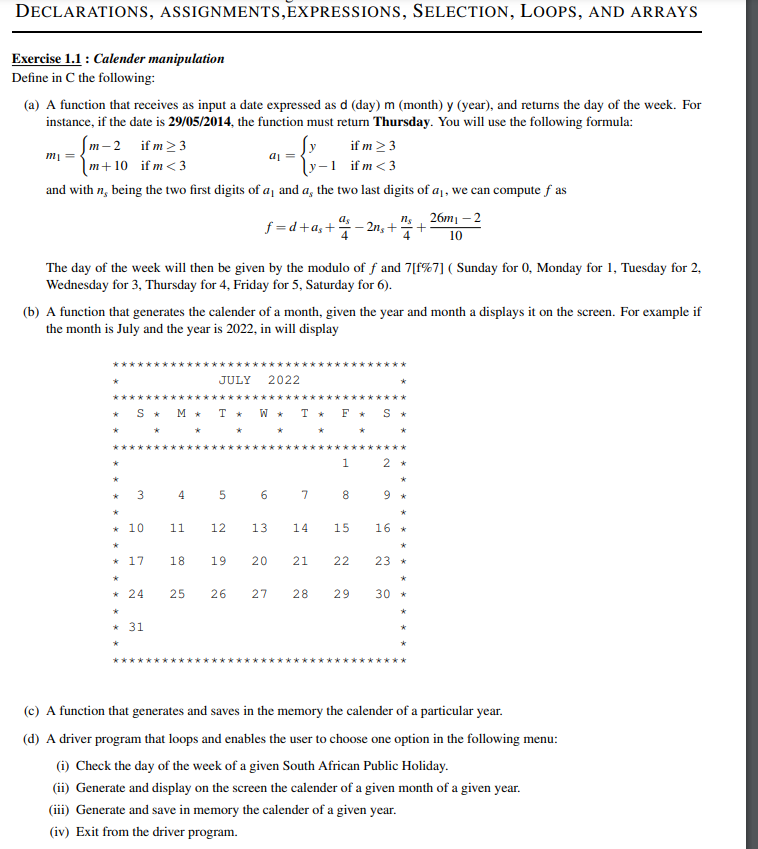 Solved Exercise 1.1: Calender manipulation Define in C the | Chegg.com