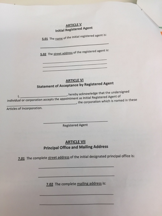 ARTICLE V Initial Registered Agent 5.01 The name of | Chegg.com