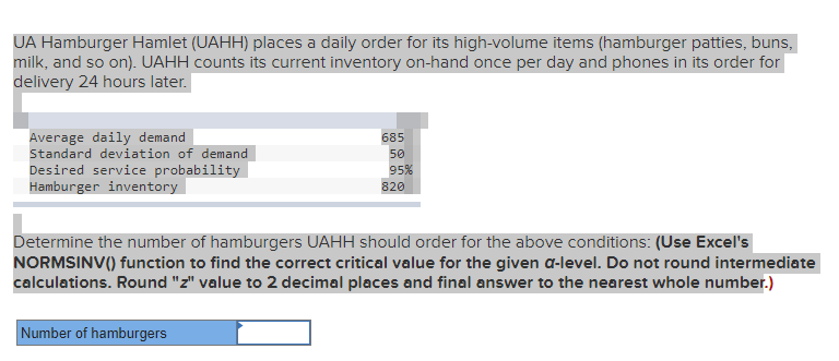 Solved UA Hamburger Hamlet (UAHH) places a daily order for | Chegg.com