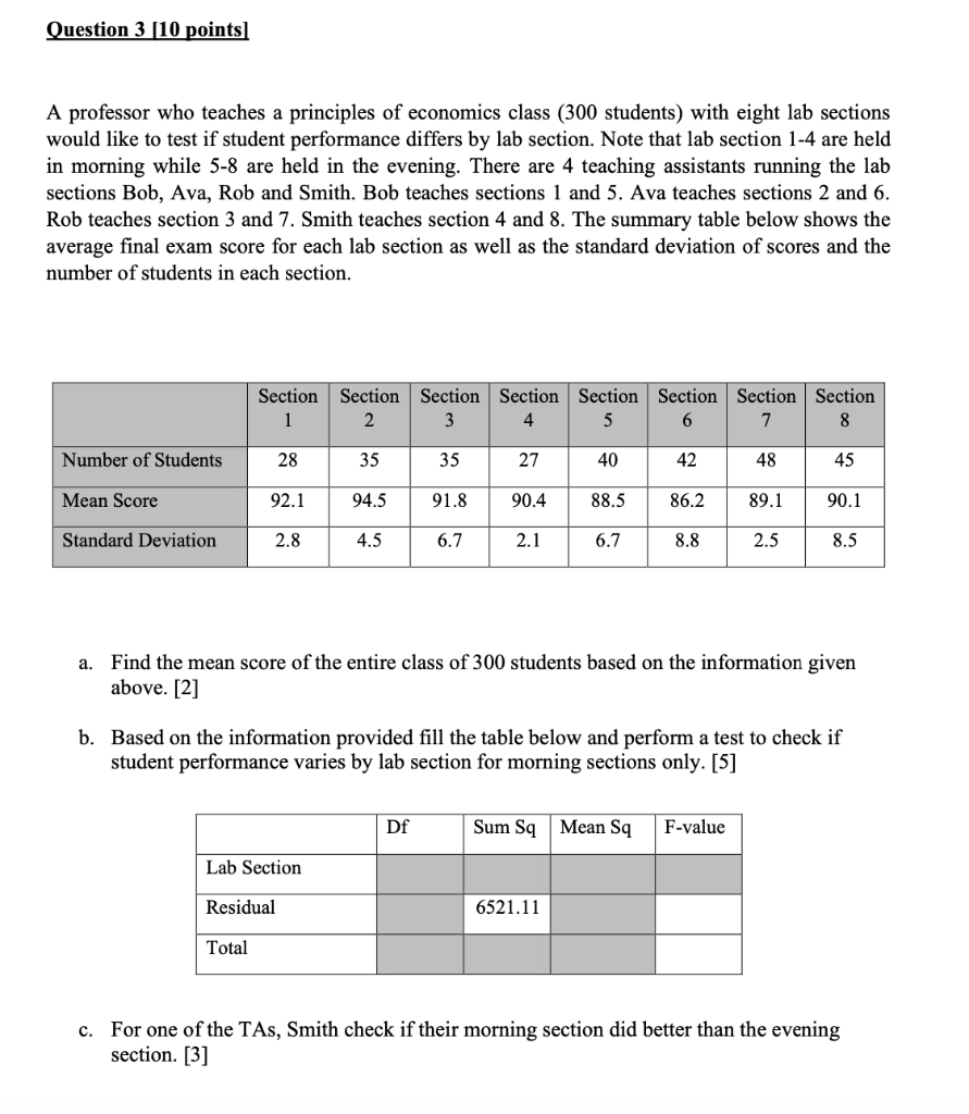 Solved Question 3 [10 points] A professor who teaches a | Chegg.com