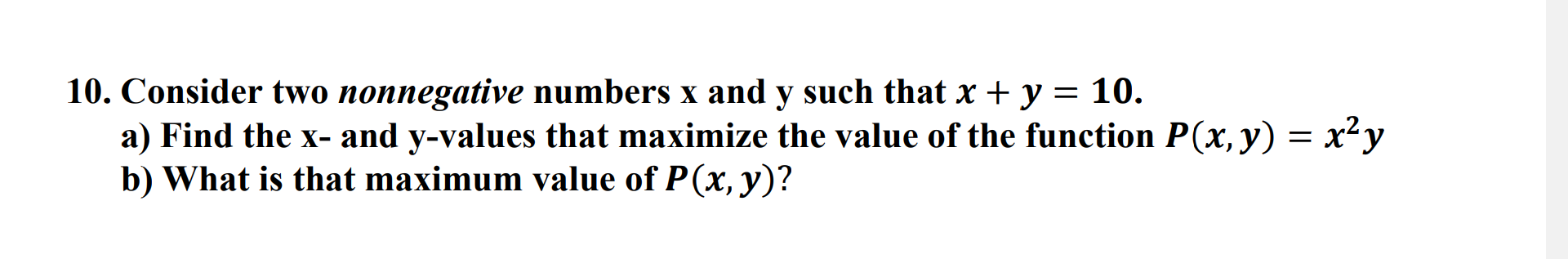 Solved 10. Consider two nonnegative numbers x and y such | Chegg.com