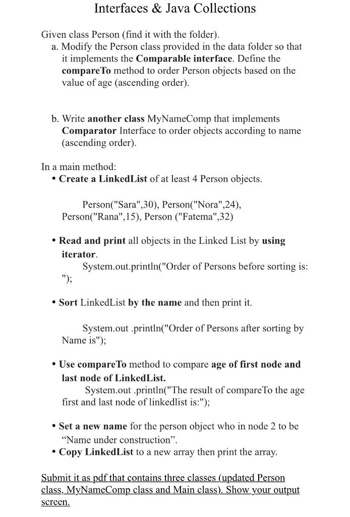 Solved Interfaces & Java Collections Given class Person | Chegg.com