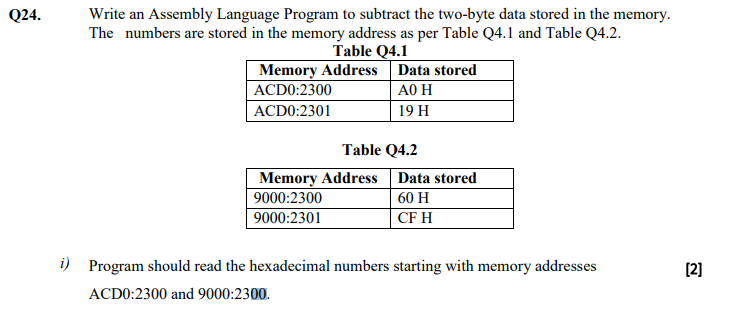 Solved Q24. Write an Assembly Language Program to subtract | Chegg.com