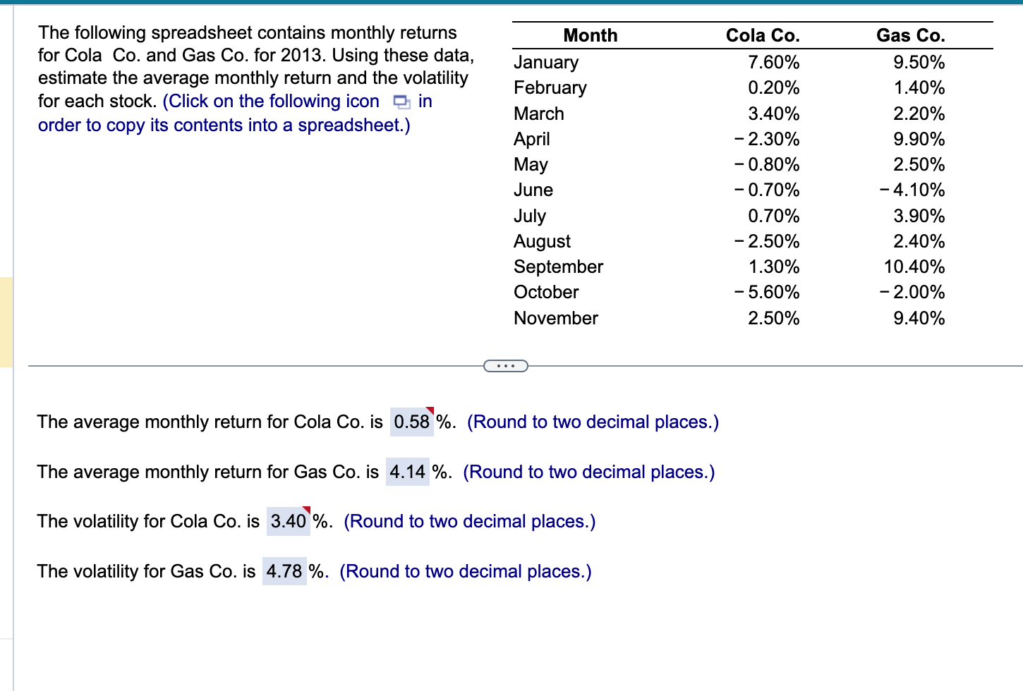 Solved The following spreadsheet contains monthly returns | Chegg.com